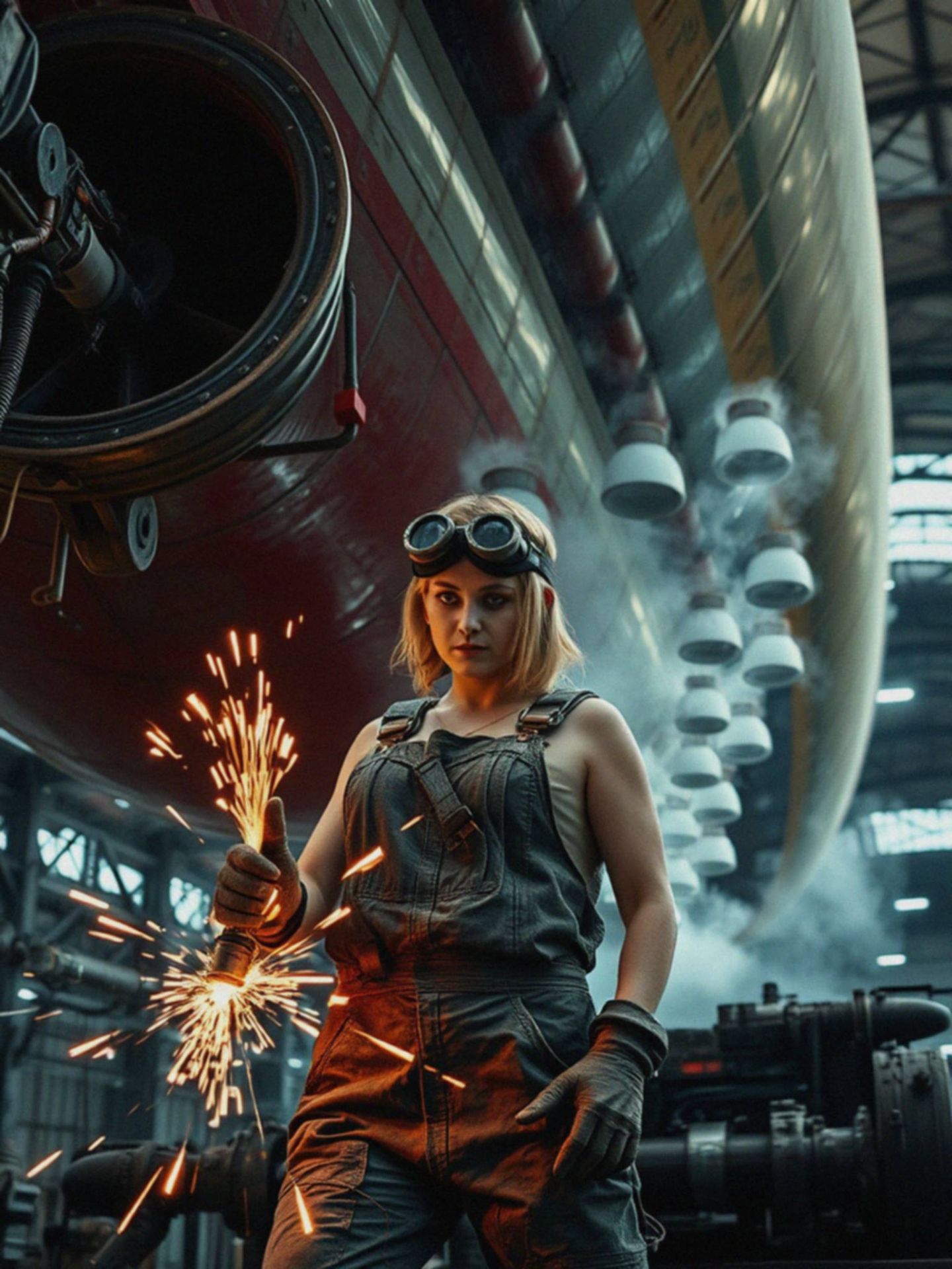 AIFusionArt - A mechanic woman in oil-stained overalls works on an ...