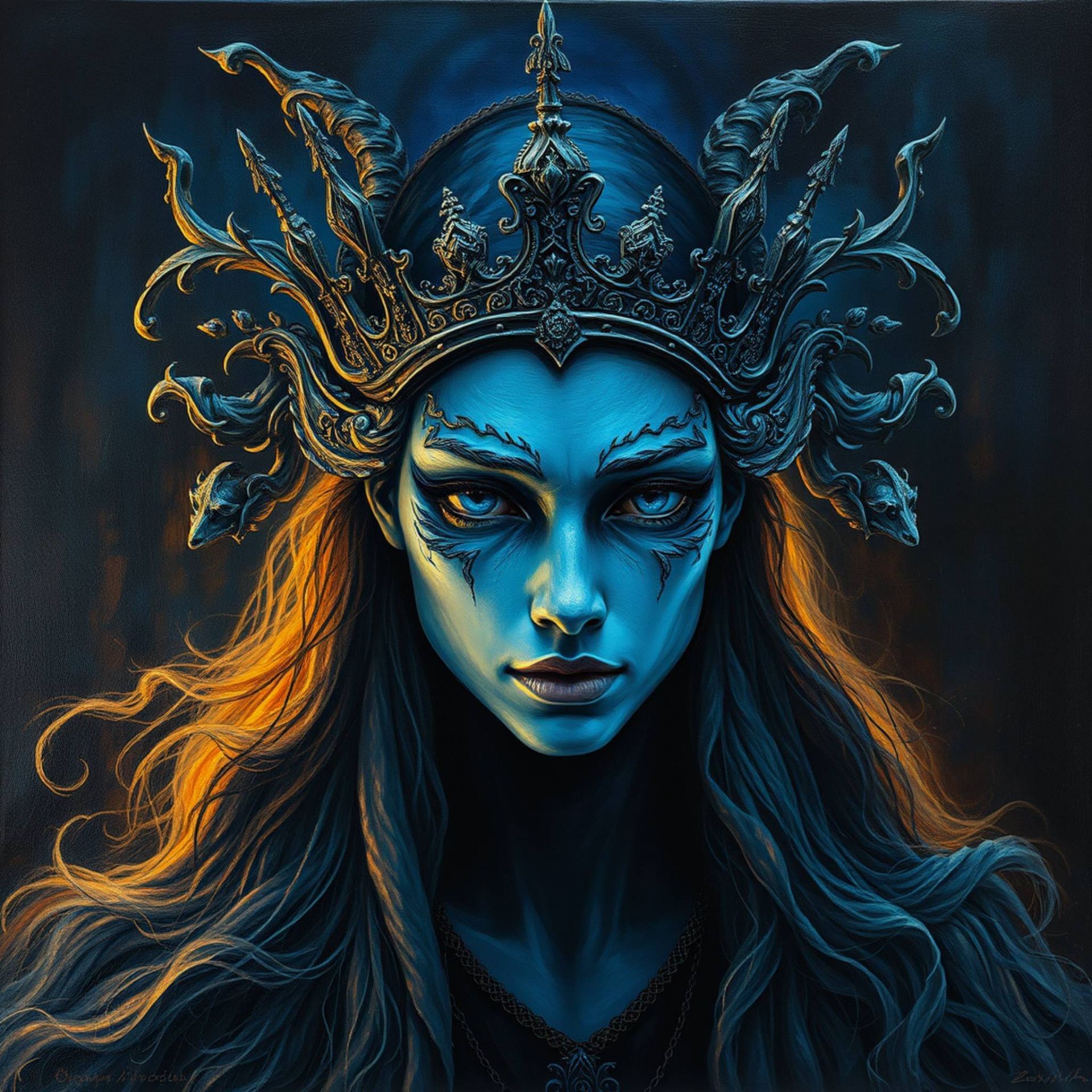 Renaissance, Rembrandt style, oil painting The Blue Queen – AIFusionArt