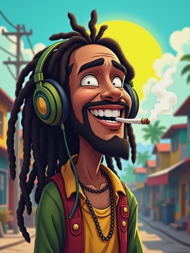 A caricatured, ultra-animated 3D portrait of a joyful Rastafarian with ...