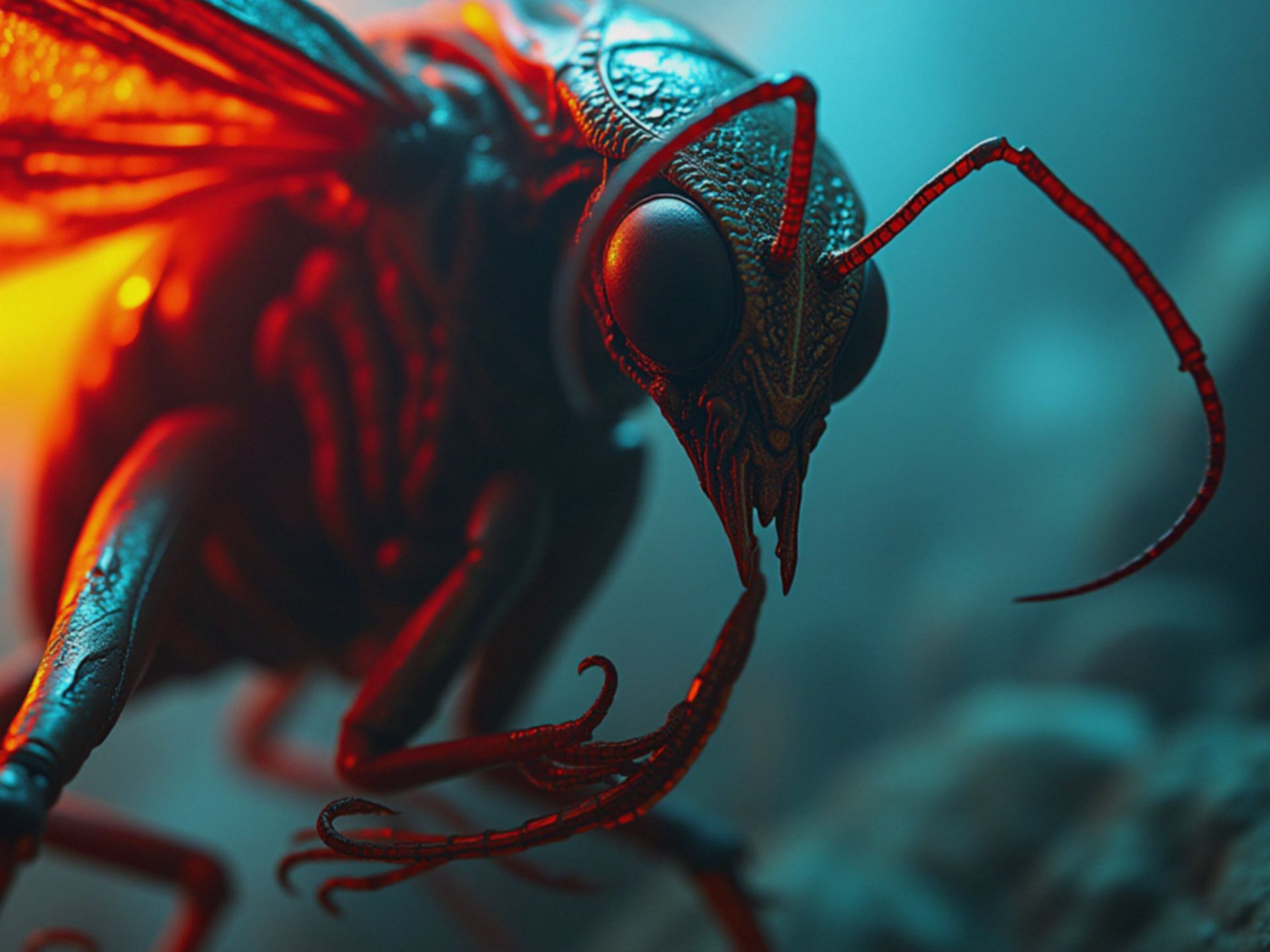 a detailed insectoid alien with intricate exoskeleton, vivid colors ...