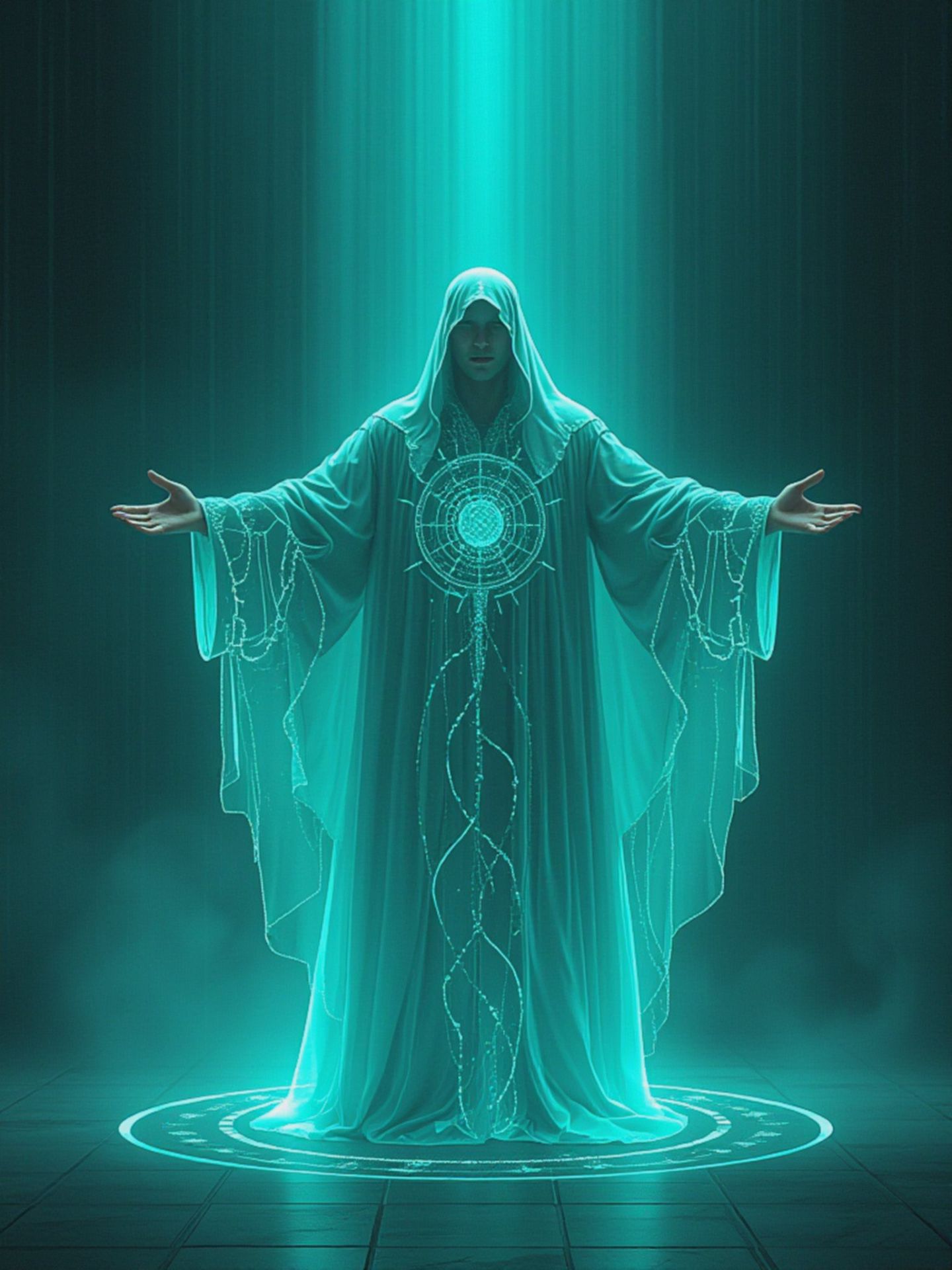 In a dark teal digital cathedral, a mysterious cyber cleric stands with arms outstretched ...